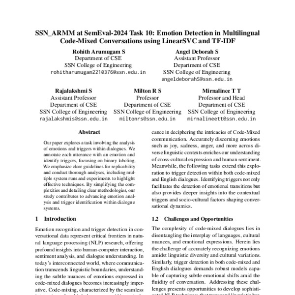 SSN_ARMM at SemEval-2024 Task 10: Emotion Detection in Multilingual Code-Mixed Conversations ...