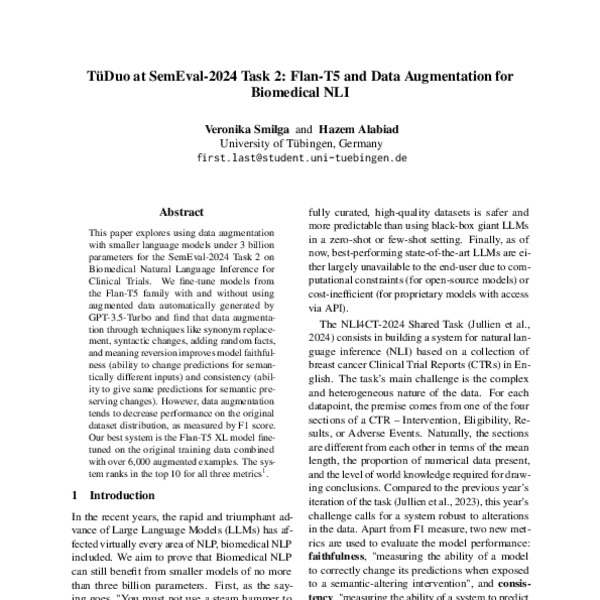 TüDuo at SemEval-2024 Task 2: Flan-T5 and Data Augmentation for Biomedical NLI - ACL Anthology