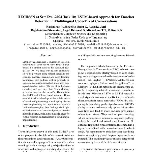 TECHSSN at SemEval-2024 Task 10: LSTM-based Approach for Emotion Detection in Multilingual Code ...