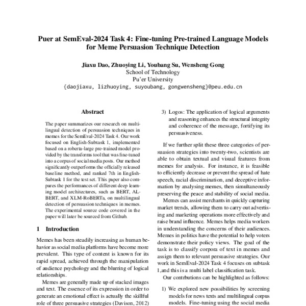 Puer at SemEval-2024 Task 4: Fine-tuning Pre-trained Language Models for Meme Persuasion ...