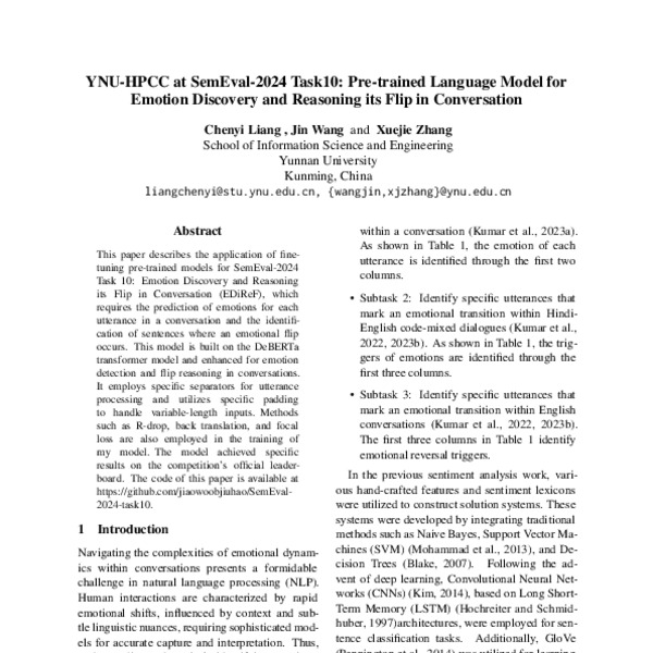 YNU-HPCC at SemEval-2024 Task10: Pre-trained Language Model for Emotion Discovery and Reasoning ...