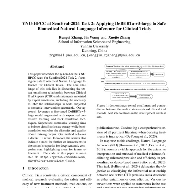 YNU-HPCC at SemEval-2024 Task 2: Applying DeBERTa-v3-large to Safe Biomedical Natural Language ...