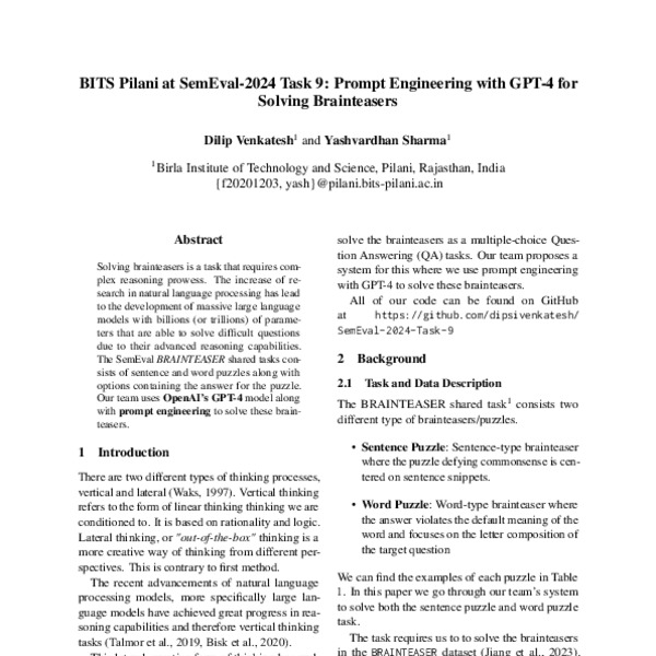 BITS Pilani at SemEval-2024 Task 9: Prompt Engineering with GPT-4 for Solving Brainteasers - ACL ...