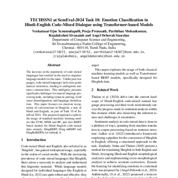 TECHSSN1 at SemEval-2024 Task 10: Emotion Classification in Hindi-English Code-Mixed Dialogue ...