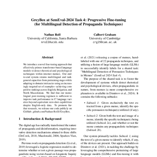 GreyBox at SemEval-2024 Task 4: Progressive Fine-tuning (for Multilingual Detection of ...