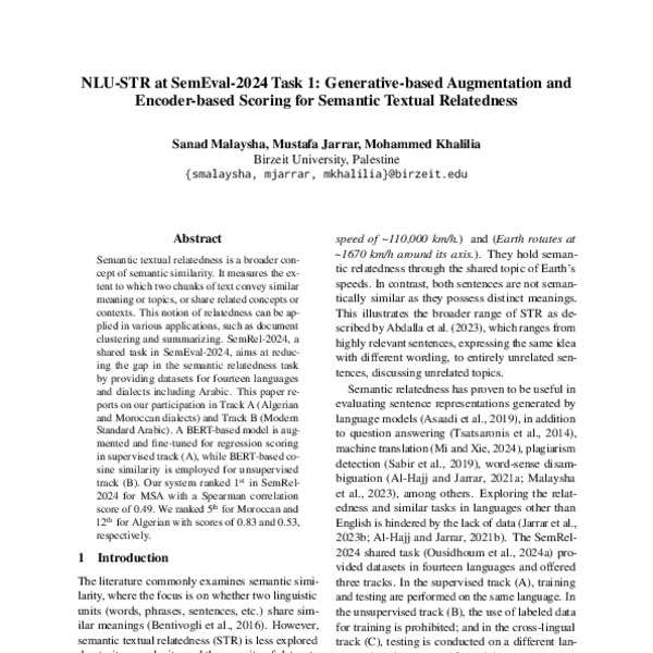 Nlu Str At Semeval 2024 Task 1 Generative Based Augmentation And Encoder Based Scoring For