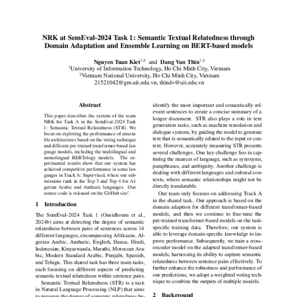 Nrk At Semeval 2024 Task 1 Semantic Textual Relatedness Through Domain Adaptation And Ensemble