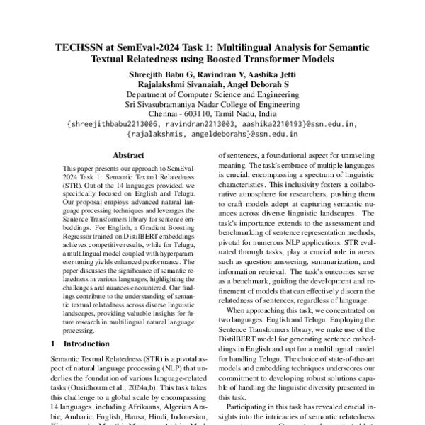 TECHSSN at SemEval-2024 Task 1: Multilingual Analysis for Semantic Textual Relatedness using ...