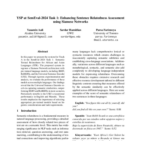 YSP at SemEval-2024 Task 1: Enhancing Sentence Relatedness Assessment using Siamese Networks ...