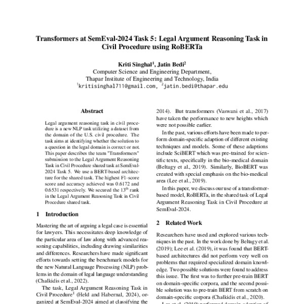 Transformers at SemEval-2024 Task 5: Legal Argument Reasoning Task in Civil Procedure using ...