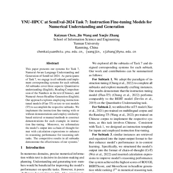 YNU-HPCC at SemEval-2024 Task 7: Instruction Fine-tuning Models for Numerical Understanding and ...