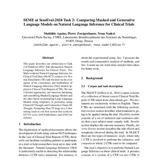 SEME at SemEval-2024 Task 2: Comparing Masked and Generative Language Models on Natural Language ...