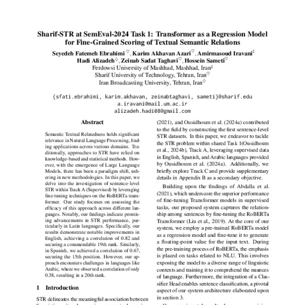 Sharif-STR at SemEval-2024 Task 1: Transformer as a Regression Model for Fine-Grained Scoring of ...