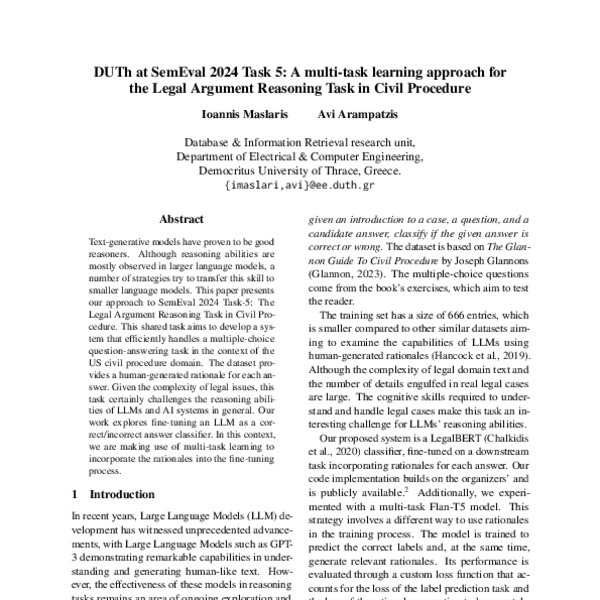 DUTh at SemEval 2024 Task 5: A multi-task learning approach for the Legal Argument Reasoning ...