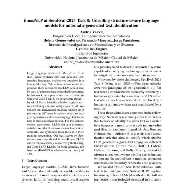 iimasNLP at SemEval-2024 Task 8: Unveiling structure-aware language models for automatic ...