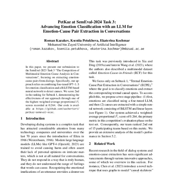 PetKaz at SemEval-2024 Task 3: Advancing Emotion Classification with an LLM for Emotion-Cause ...