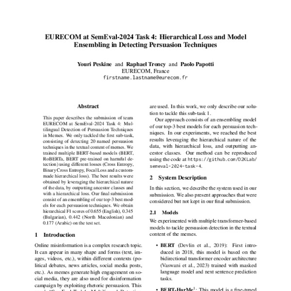 EURECOM at SemEval-2024 Task 4: Hierarchical Loss and Model Ensembling in Detecting Persuasion ...