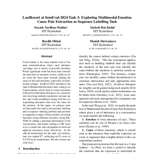 LastResort at SemEval-2024 Task 3: Exploring Multimodal Emotion Cause Pair Extraction as ...