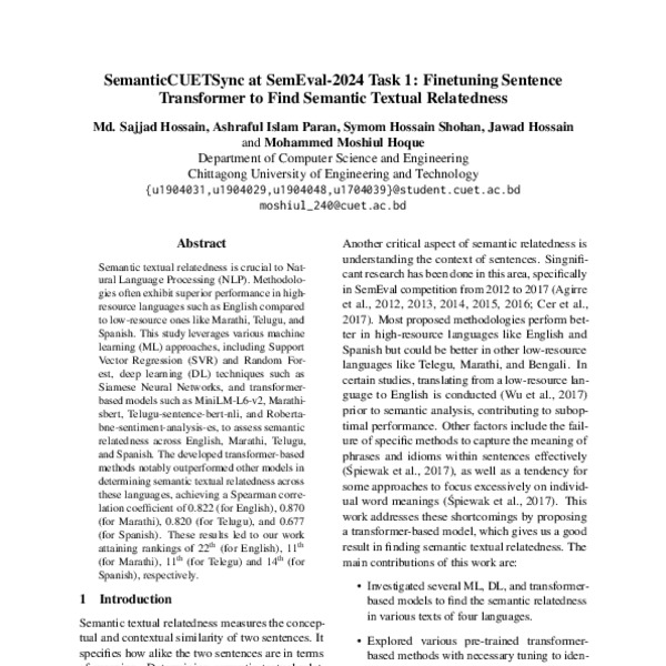 SemanticCUETSync at SemEval-2024 Task 1: Finetuning Sentence Transformer to Find Semantic ...