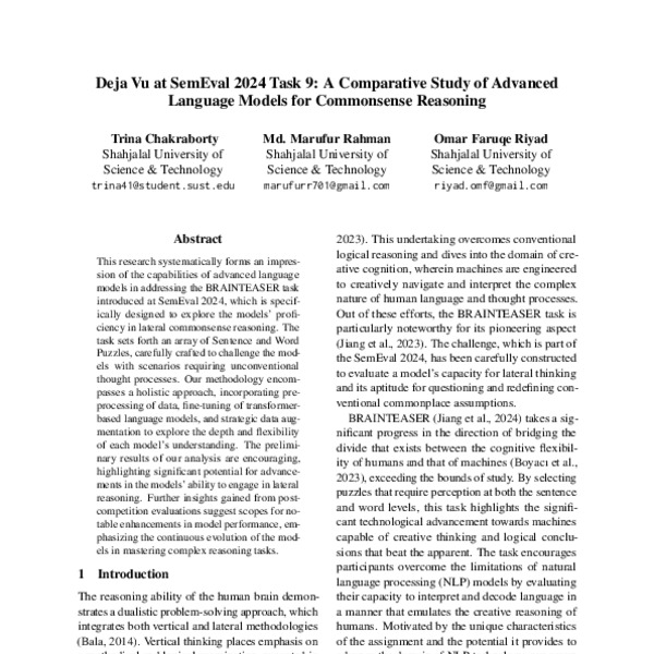 Deja Vu at SemEval 2024 Task 9: A Comparative Study of Advanced Language Models for Commonsense ...