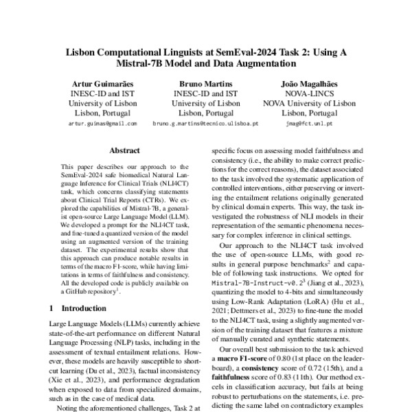 Lisbon Computational Linguists at SemEval-2024 Task 2: Using a Mistral-7B Model and Data ...