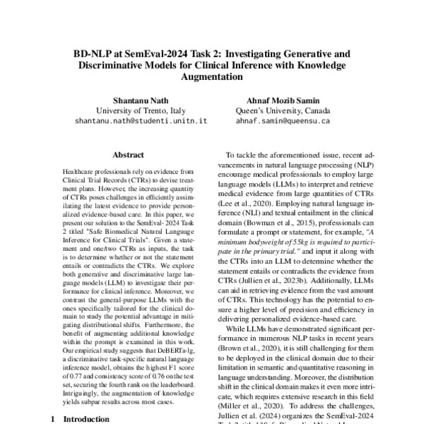 BD-NLP at SemEval-2024 Task 2: Investigating Generative and Discriminative Models for Clinical ...