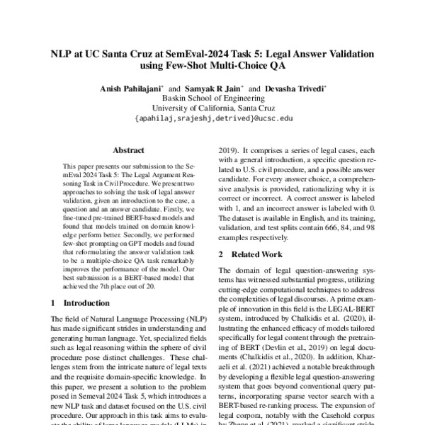 NLP at UC Santa Cruz at SemEval-2024 Task 5: Legal Answer Validation using Few-Shot Multi-Choice ...