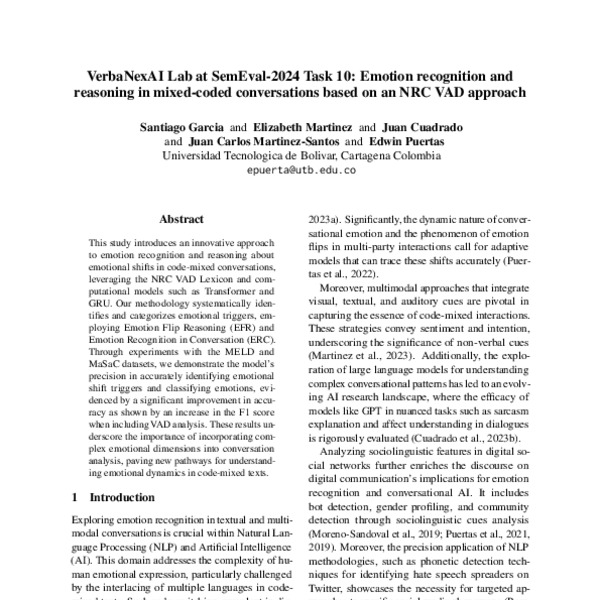 VerbaNexAI Lab at SemEval-2024 Task 10: Emotion recognition and reasoning in mixed-coded ...