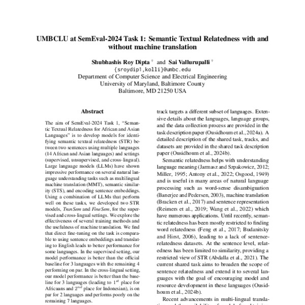 UMBCLU at SemEval-2024 Task 1: Semantic Textual Relatedness with and without machine translation ...