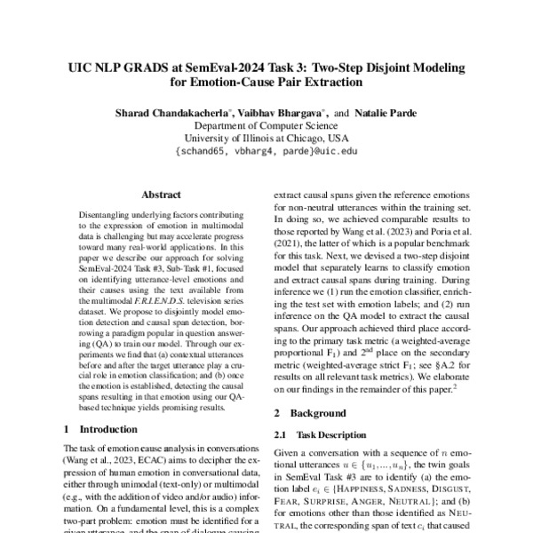 UIC NLP GRADS at SemEval-2024 Task 3: Two-Step Disjoint Modeling for Emotion-Cause Pair ...