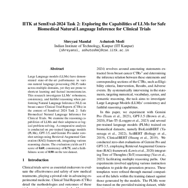 IITK at SemEval-2024 Task 2: Exploring the Capabilities of LLMs for Safe Biomedical Natural ...