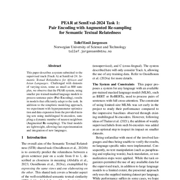 Pear At Semeval 2024 Task 1 Pair Encoding With Augmented Re Sampling