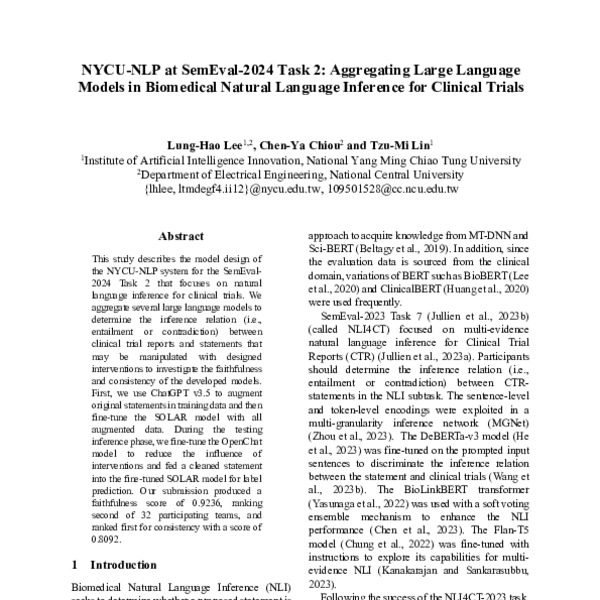 NYCU-NLP at SemEval-2024 Task 2: Aggregating Large Language Models in Biomedical Natural ...