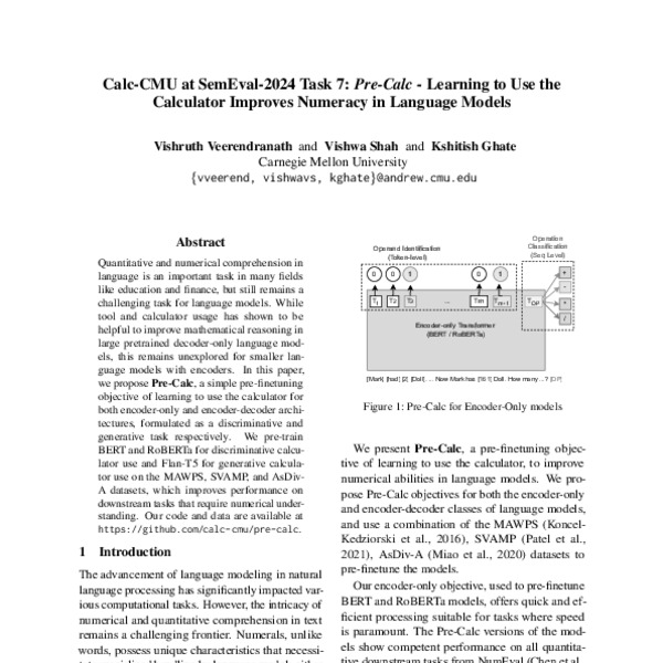 Calc-CMU at SemEval-2024 Task 7: Pre-Calc - Learning to Use the Calculator Improves Numeracy in ...