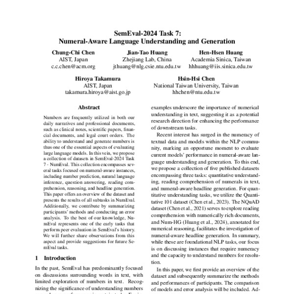 SemEval-2024 Task 7: Numeral-Aware Language Understanding and Generation - ACL Anthology