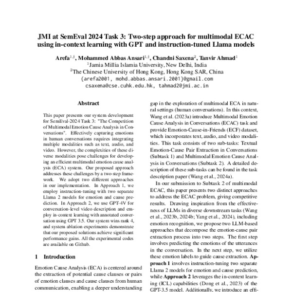 JMI at SemEval 2024 Task 3: Two-step approach for multimodal ECAC using in-context learning with ...