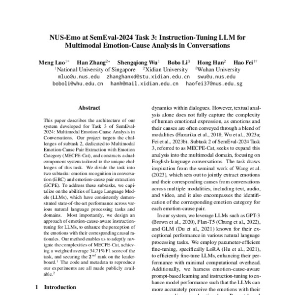 NUS-Emo at SemEval-2024 Task 3: Instruction-Tuning LLM for Multimodal Emotion-Cause Analysis in ...