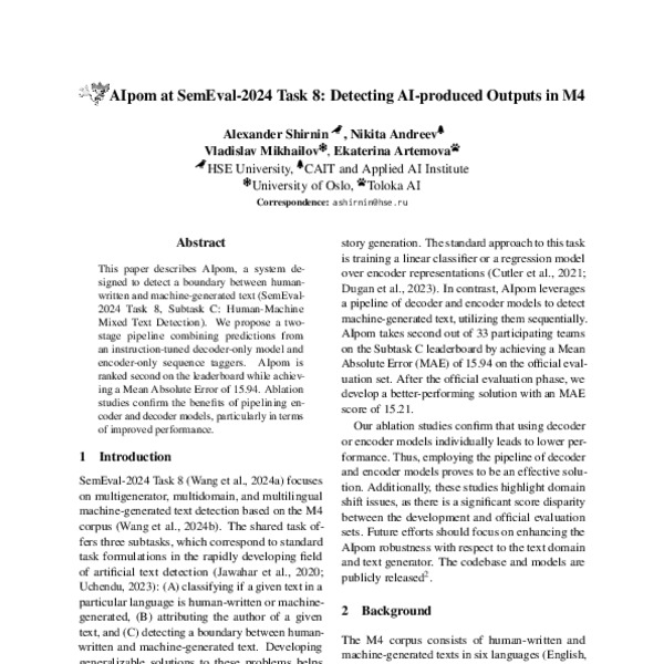 AIpom at SemEval-2024 Task 8: Detecting AI-produced Outputs in M4 - ACL Anthology