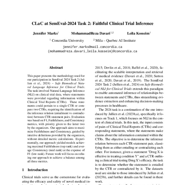 CLaC at SemEval-2024 Task 2: Faithful Clinical Trial Inference - ACL Anthology