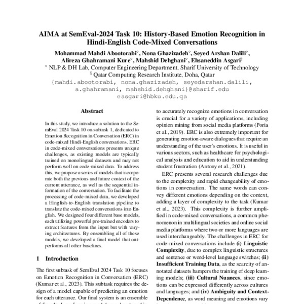 AIMA at SemEval-2024 Task 10: History-Based Emotion Recognition in Hindi-English Code-Mixed ...