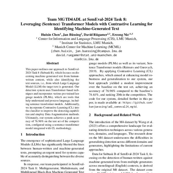 Team MGTD4ADL at SemEval-2024 Task 8: Leveraging (Sentence) Transformer Models with Contrastive ...