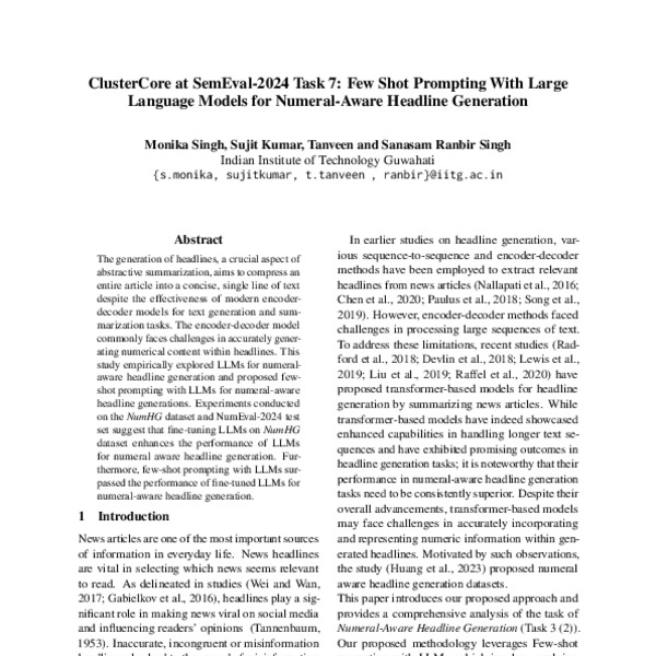 ClusterCore at SemEval-2024 Task 7: Few Shot Prompting With Large Language Models for Numeral ...