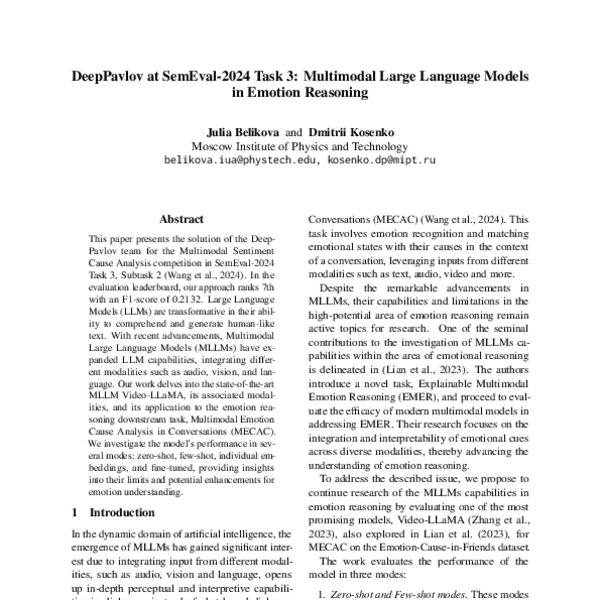 DeepPavlov at SemEval-2024 Task 3: Multimodal Large Language Models in Emotion Reasoning - ACL ...