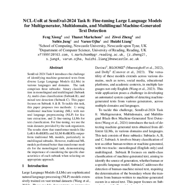 NCL-UoR at SemEval-2024 Task 8: Fine-tuning Large Language Models for Multigenerator ...
