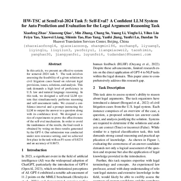HW-TSC at SemEval-2024 Task 5: Self-Eval? A Confident LLM System for Auto Prediction and ...