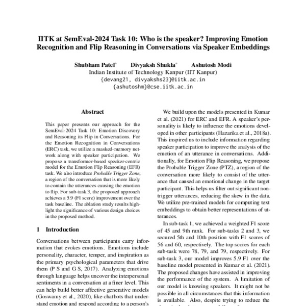 IITK at SemEval-2024 Task 10: Who is the speaker? Improving Emotion Recognition and Flip ...