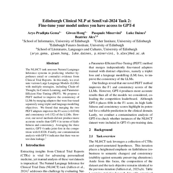 Edinburgh Clinical NLP at SemEval-2024 Task 2: Fine-tune your model unless you have access to ...