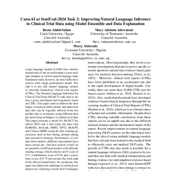 CaresAI at SemEval-2024 Task 2: Improving Natural Language Inference in Clinical Trial Data ...