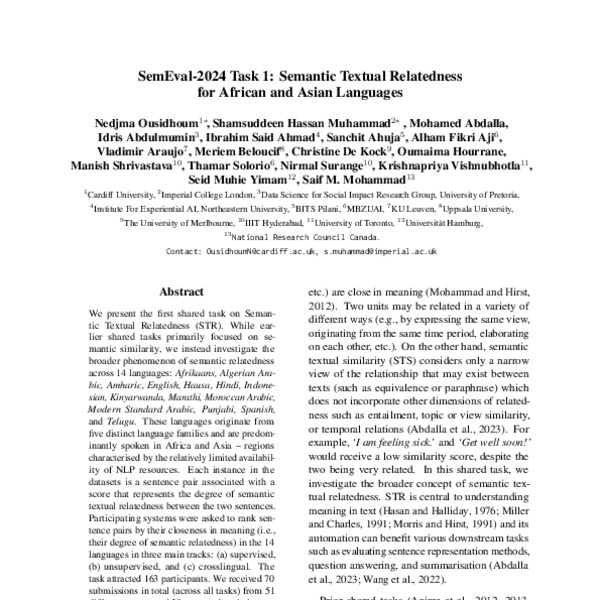 SemEval Task 1: Semantic Textual Relatedness for African and Asian Languages - ACL Anthology