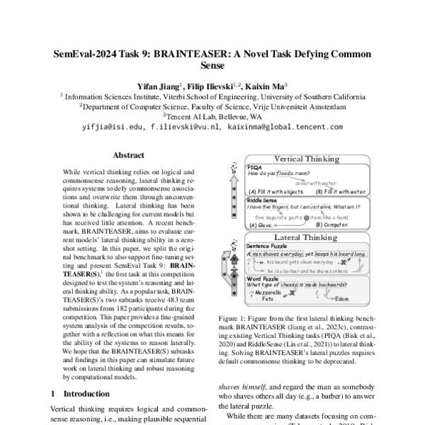 SemEval-2024 Task 9: BRAINTEASER: A Novel Task Defying Common Sense - ACL Anthology